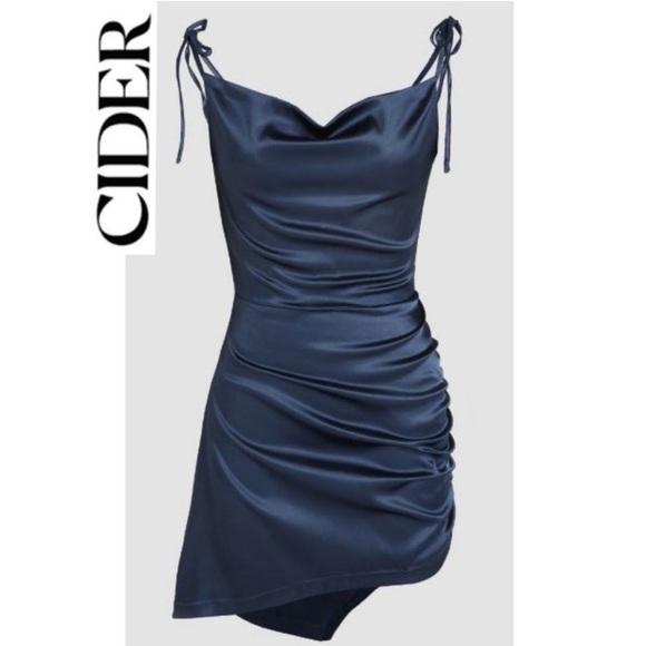 Cider | Dresses | Nwt Cider Navy Blue Satin Solid Cowl Neck Mini Dress Sz M | Poshmark